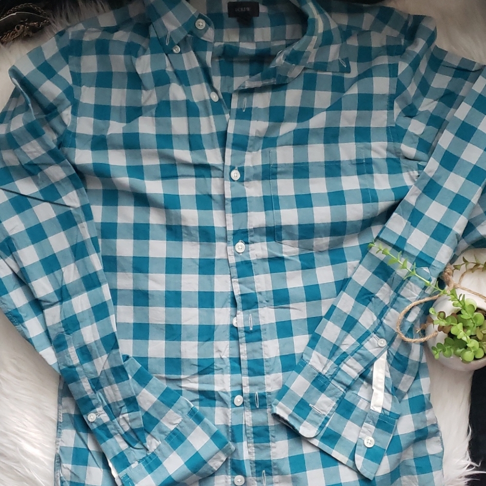 Jcrew Cyan And White Checkered Casual Dress Shirt - Gem